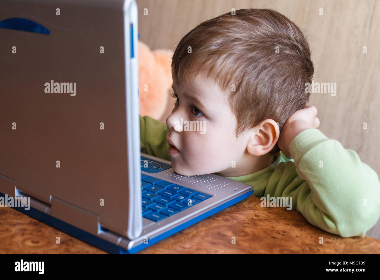 Cute boy is pushing laptops keyboard and he is looking at the screen ...