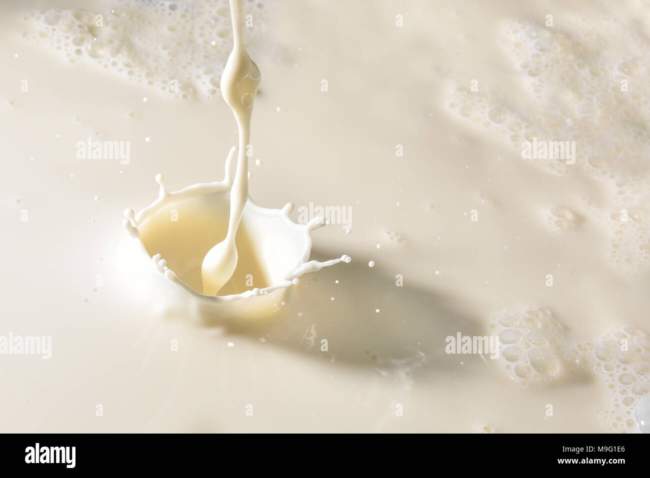 Stream of milk falling on milk background and splashing drops ...