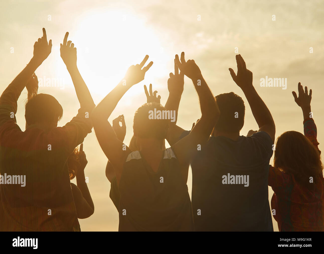 People celebrating victory, hands up. Back view. Evening sun background ...