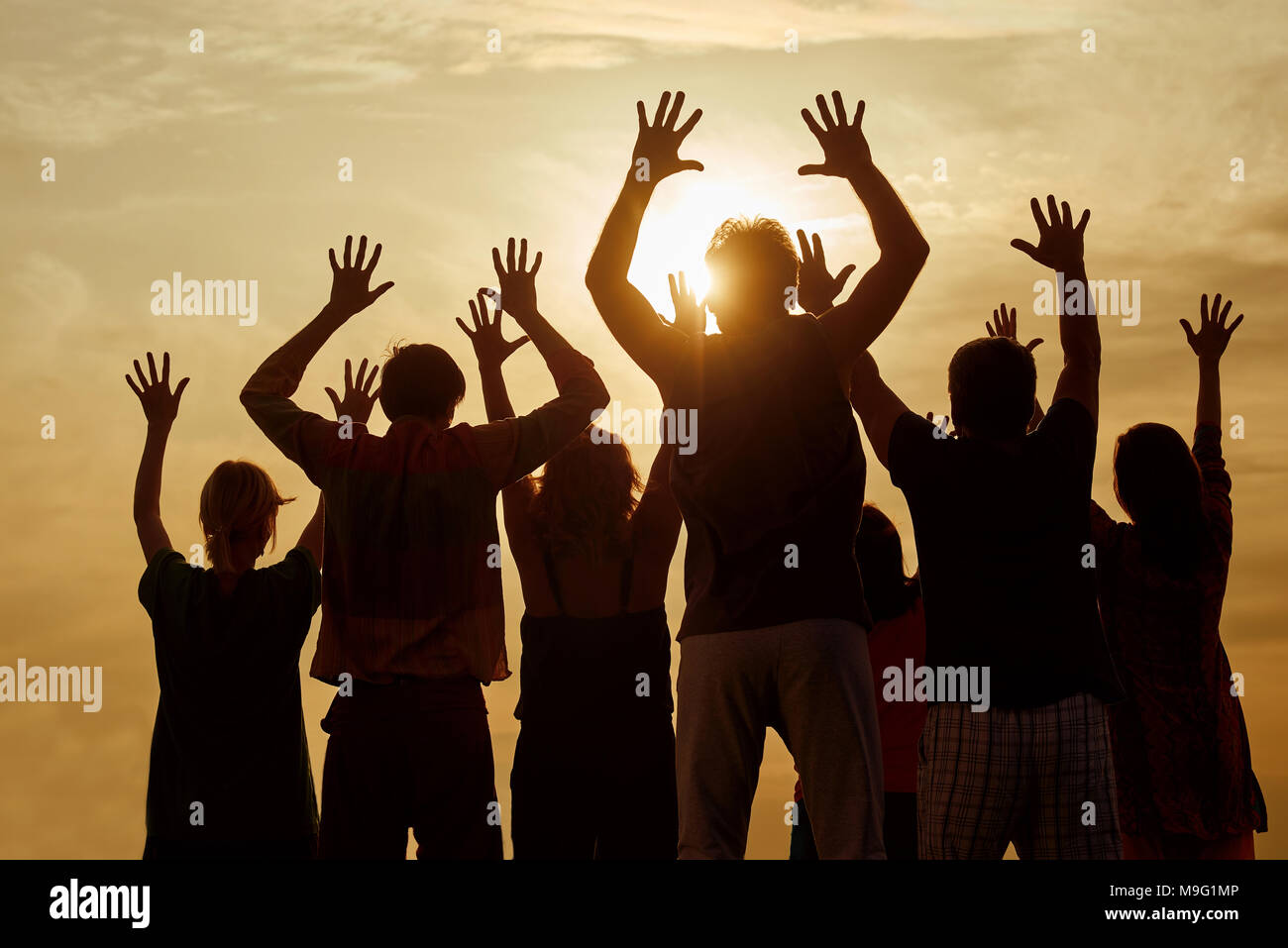 People raise hands up while live concert show, back view. Silhouette of ...