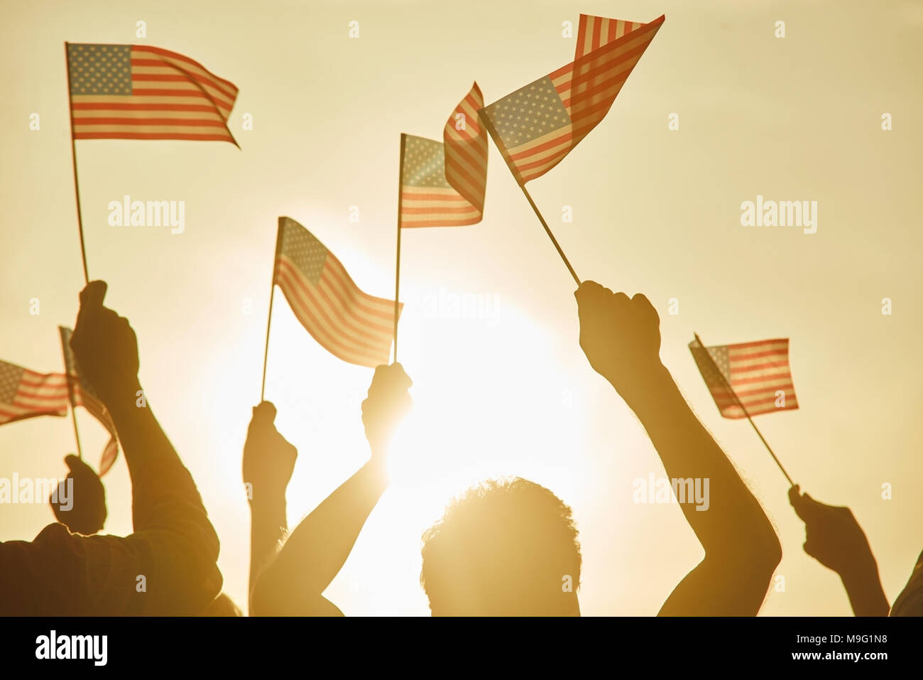 People hold american flags. American rebels at demonstration. Group of ...