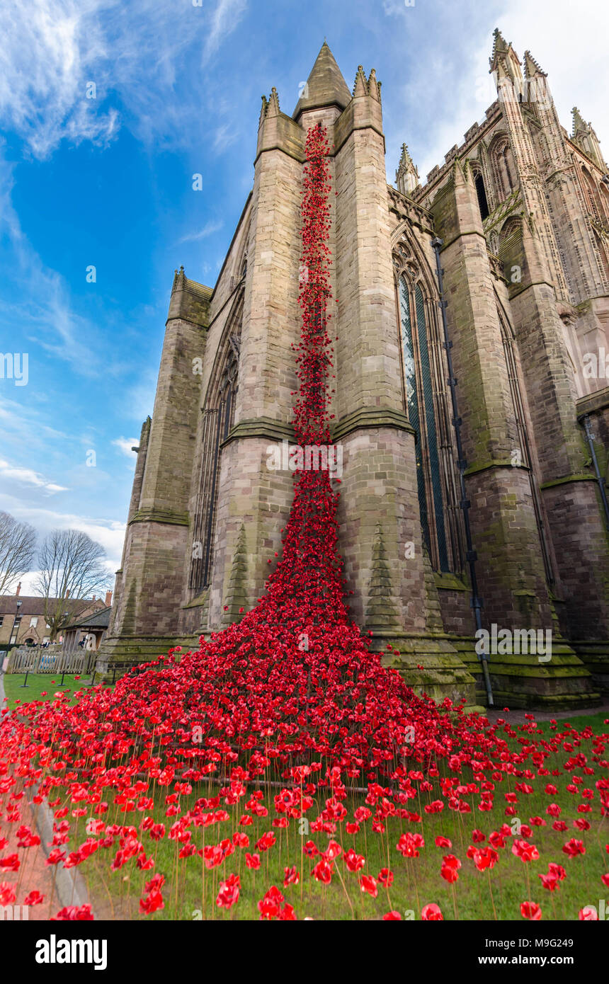 Weeping window display of ceramic poppies Hereford Cathedral UK March ...