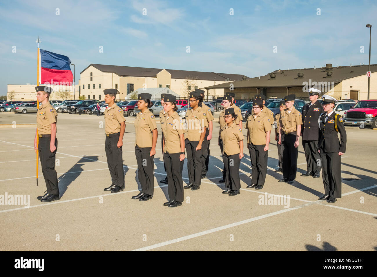 US Navy NJROTC high school cadets in marching drill formation during ...