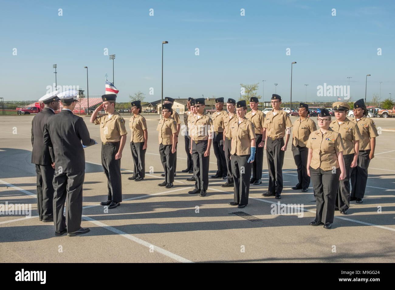 US Navy NJROTC high school cadets in marching drill formation during ...