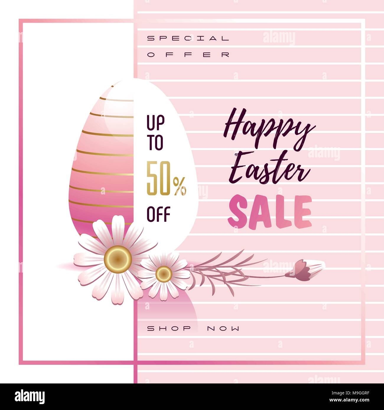 Happy Easter Sale. Greeting banner, flyer. Easter egg, Daisy flowers ...