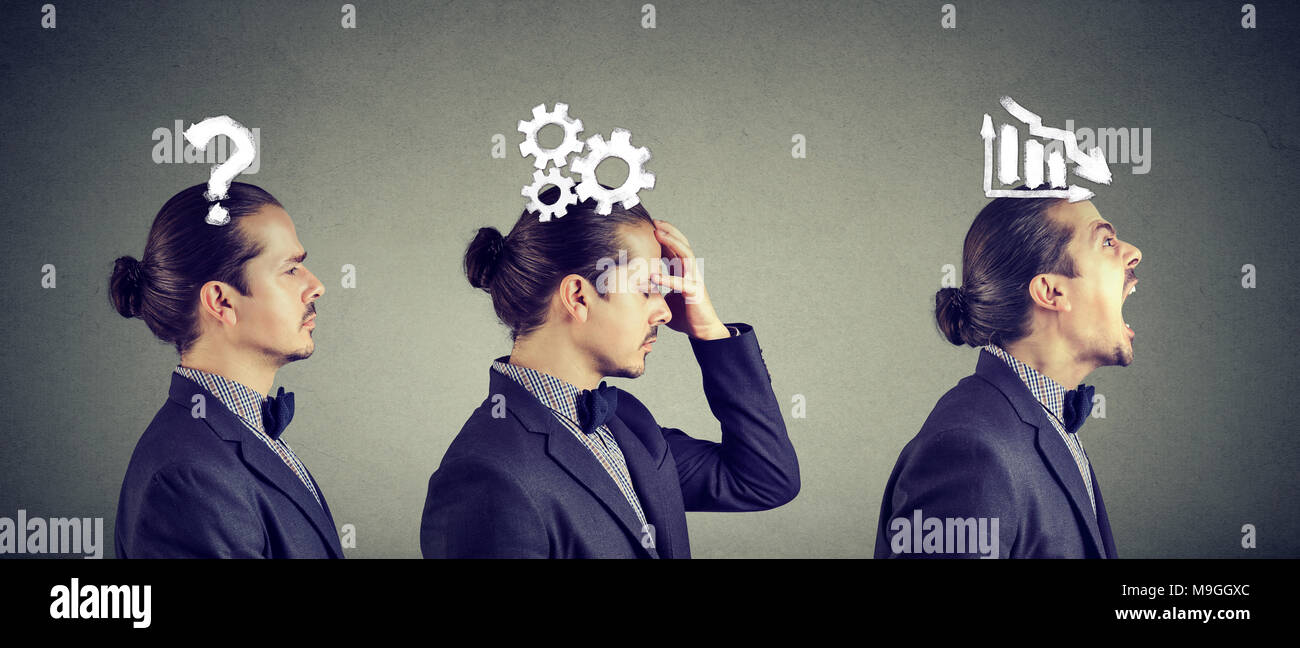 Side view of businessman trying to solve problem and feeling frustrated ...