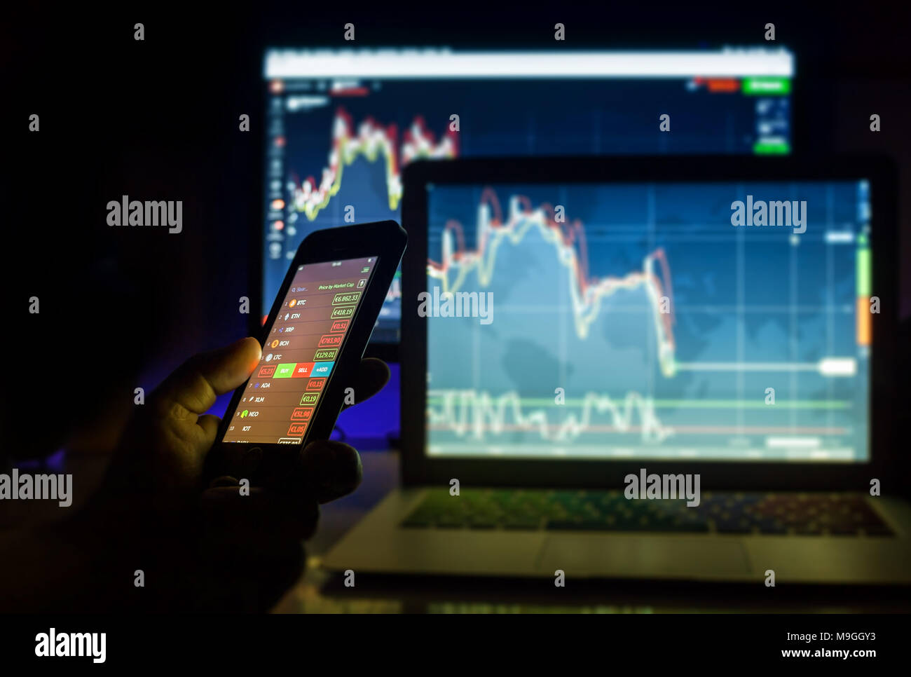Day trader computer screens and mobile phone with charts, Vienna ...