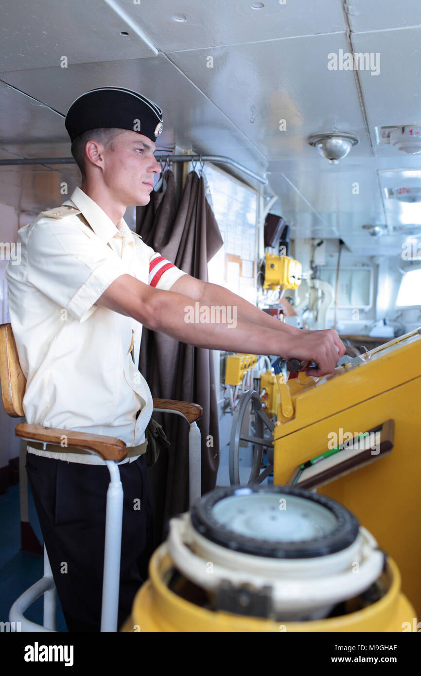 Sevastopol, Crimea, Ukraine - August 17, 2012: Midshipman on the bridge ...