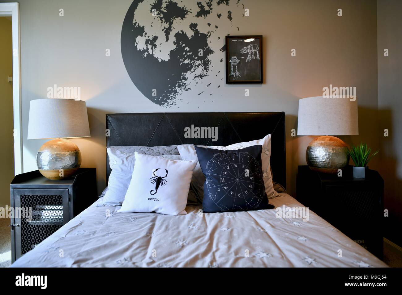View of modern bedroom with bed inside decorated home Stock Photo - Alamy