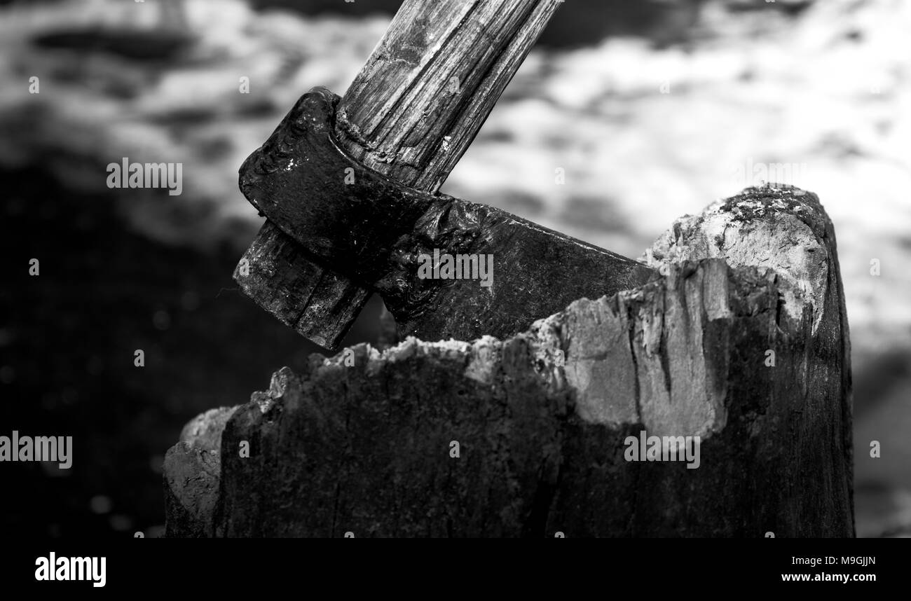 Ax in a log at a rural village in Moldova Stock Photo - Alamy