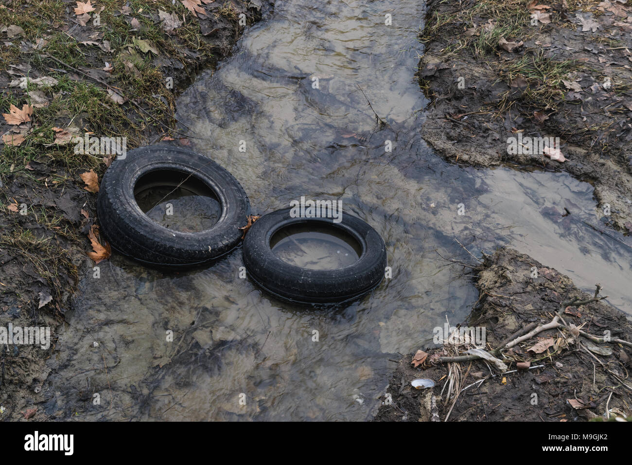 Two tires in a river, pollution concept Stock Photo - Alamy