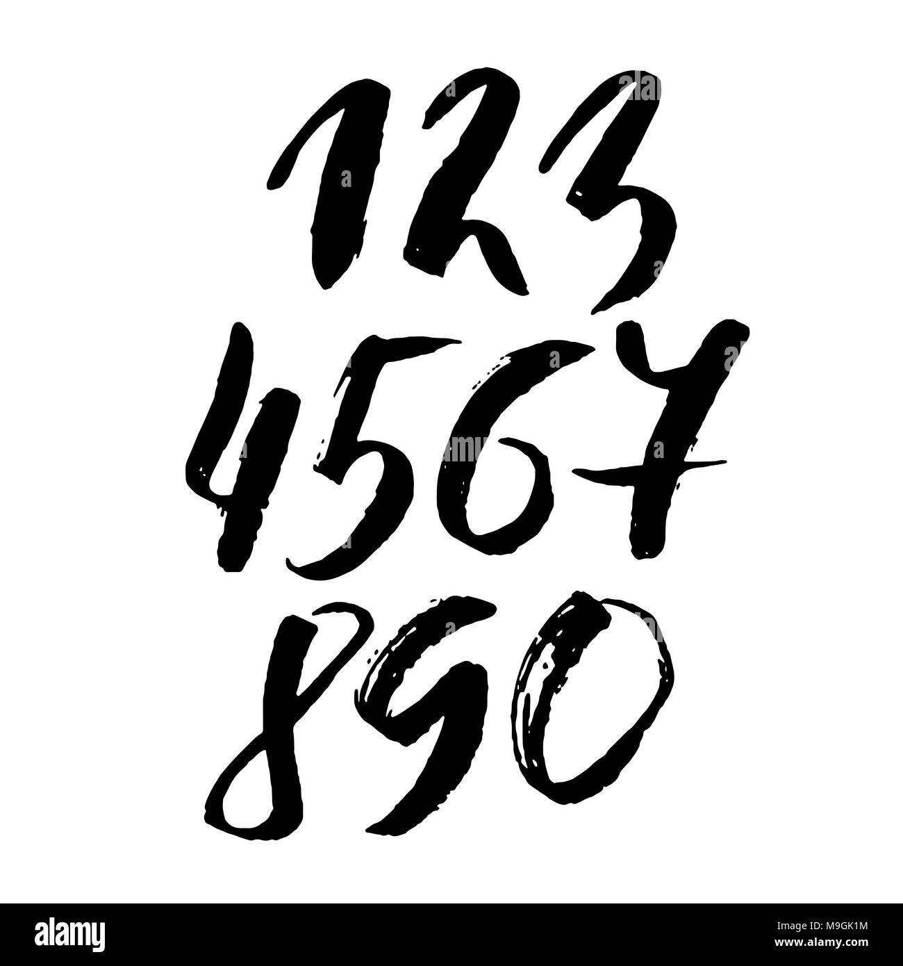 Set of calligraphic ink numbers. Textured brush lettering. Vector ...