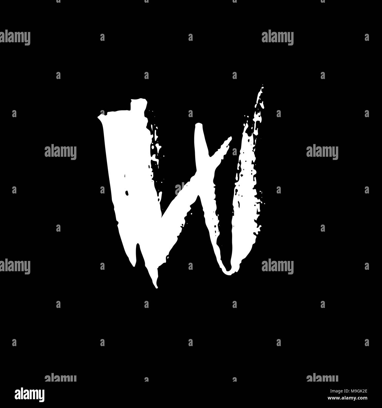Letter W. Handwritten by dry brush. Rough strokes textured font. Vector ...