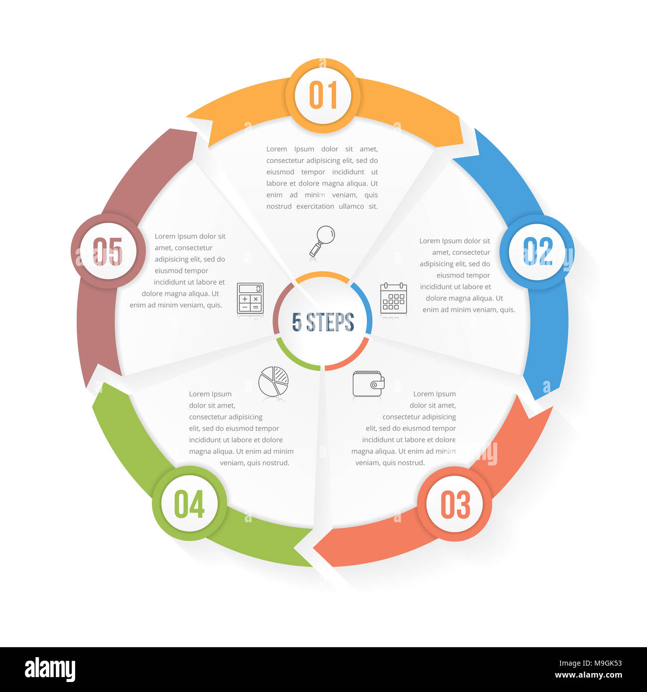 Circle infographic template with five elements, steps or options ...