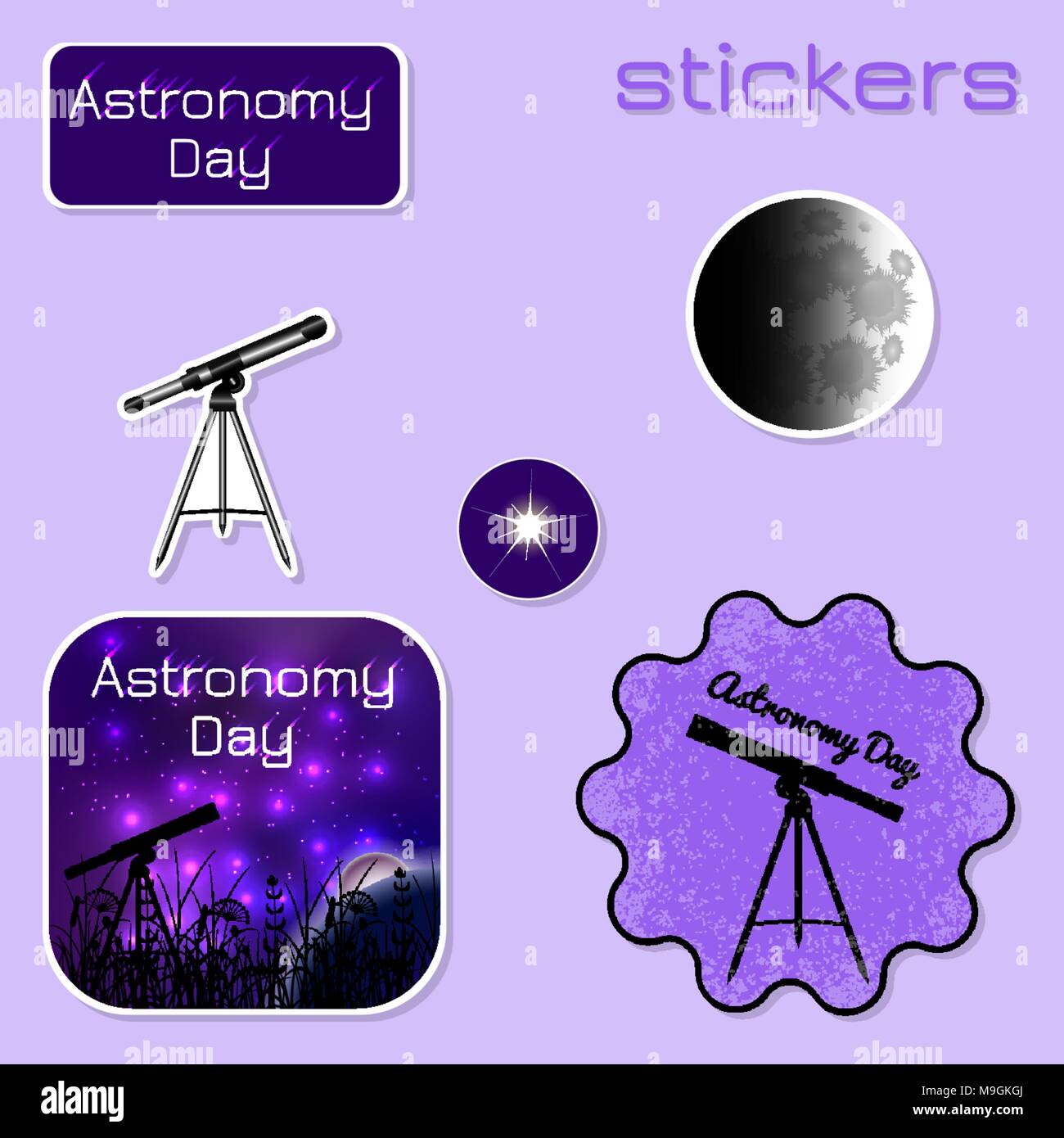 Astronomy Day. Stickers in shades of purple - telescope, moon, star ...