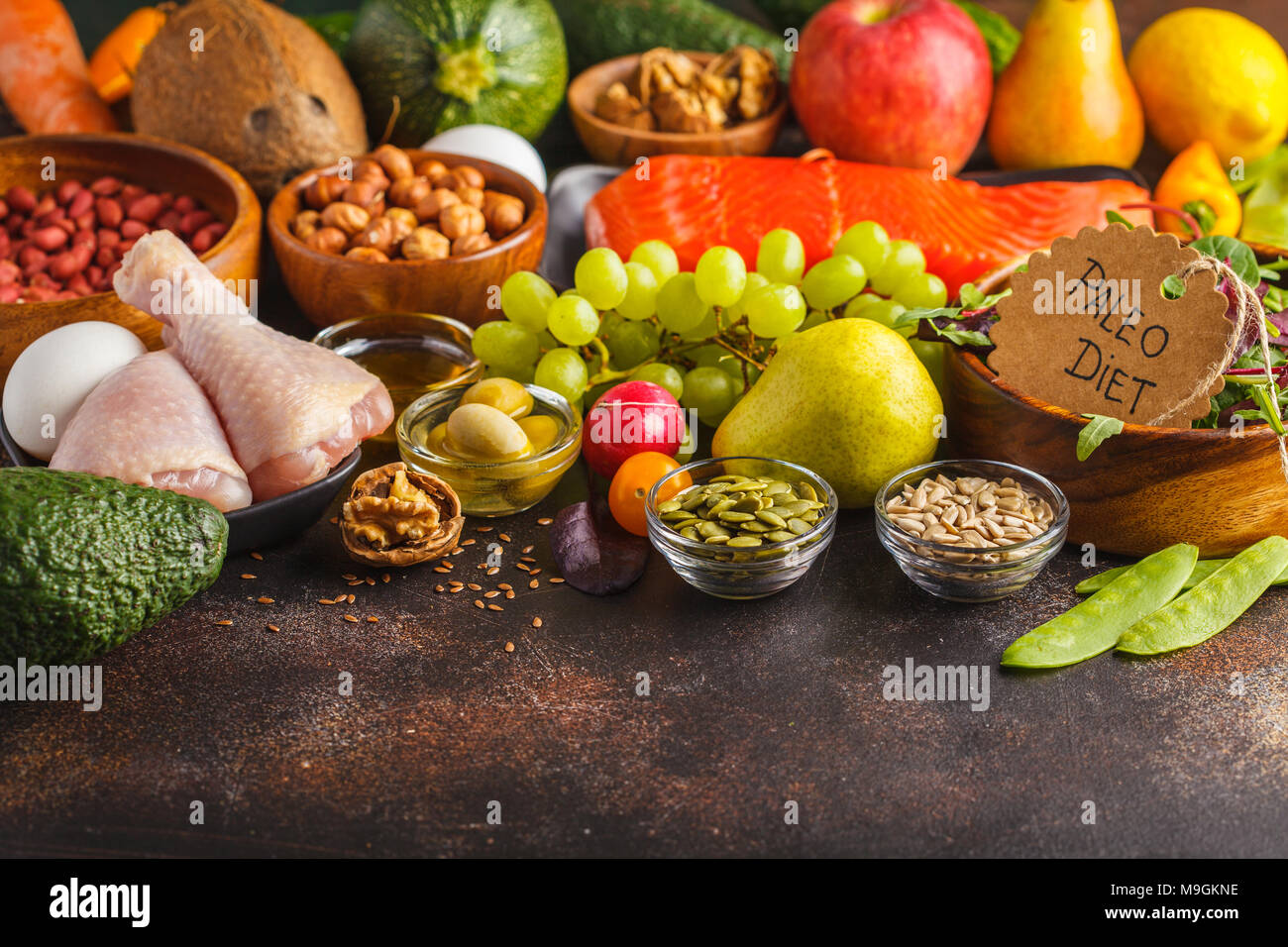 Paleo diet concept. Balanced food background on the table. Copy space ...
