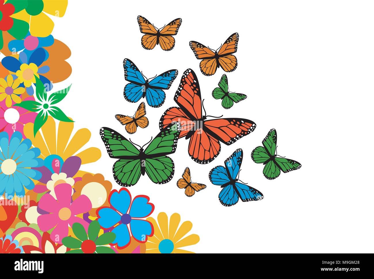 colorful spring flowers with butterfly vector illustration Stock Vector ...