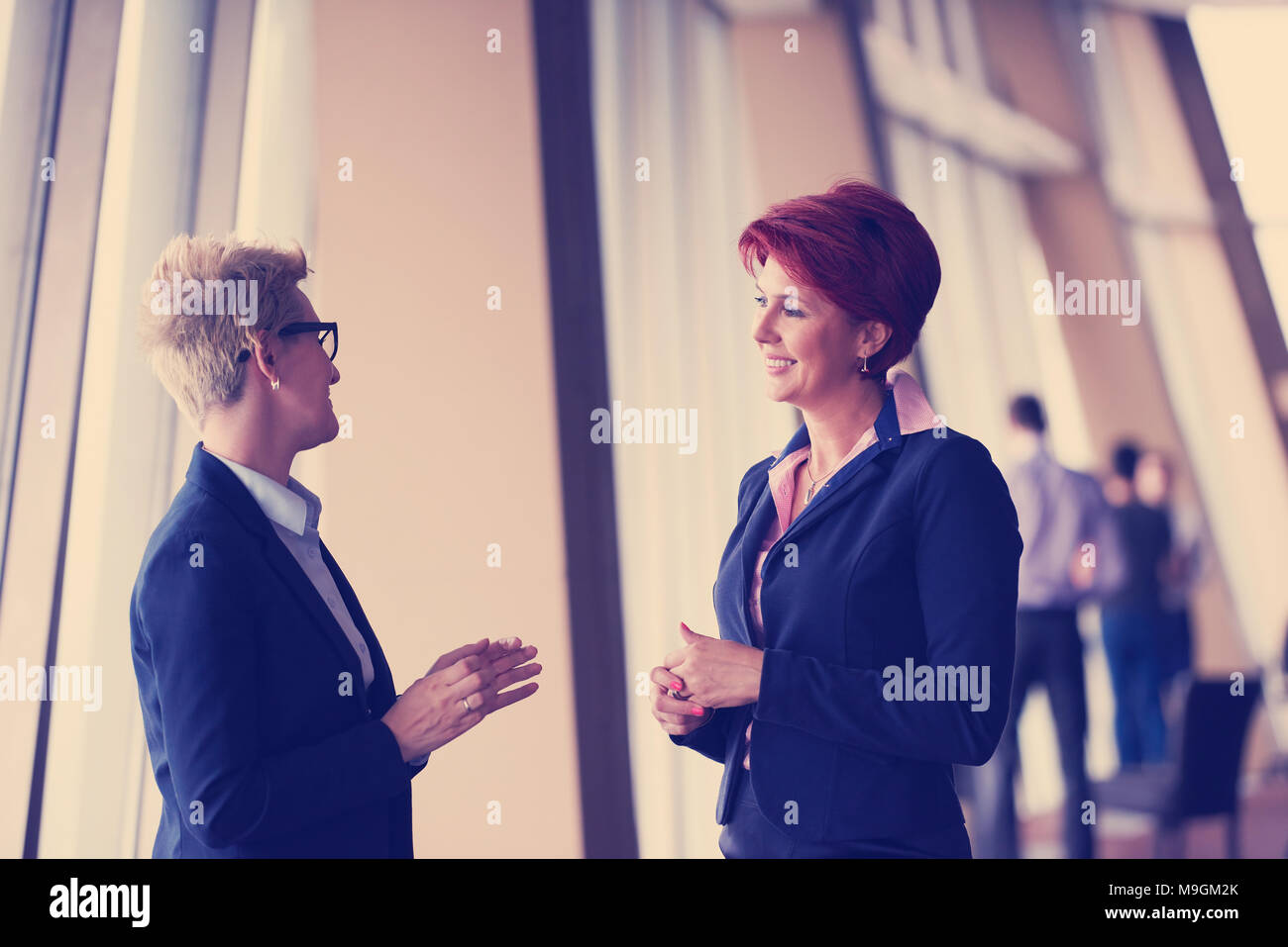 portrait of two corporate business woman at modern bright office ...