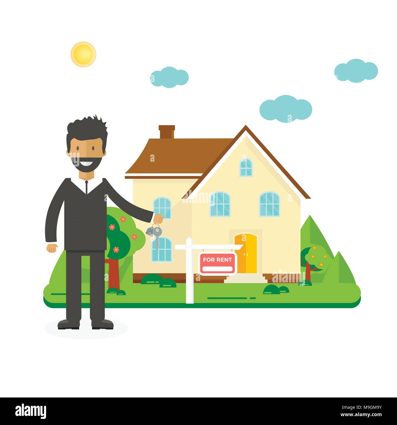 Banner for sales, advertising house, cottage with trees, agent with ...