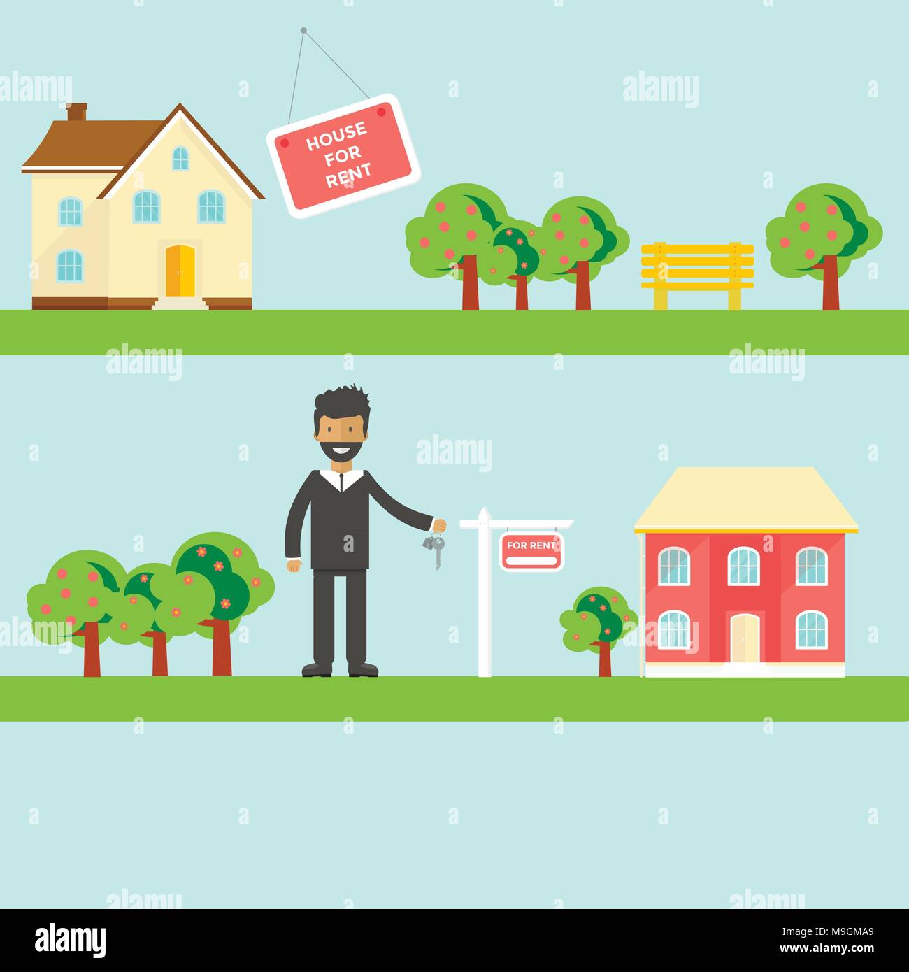 Banner for sales, advertising house, cottage with trees, agent with ...