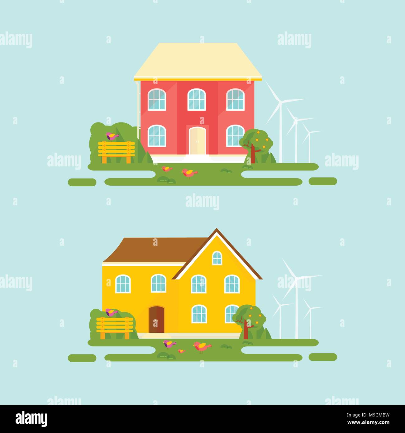 Abstract spring background with cozy home, house, cottage, with trees ...