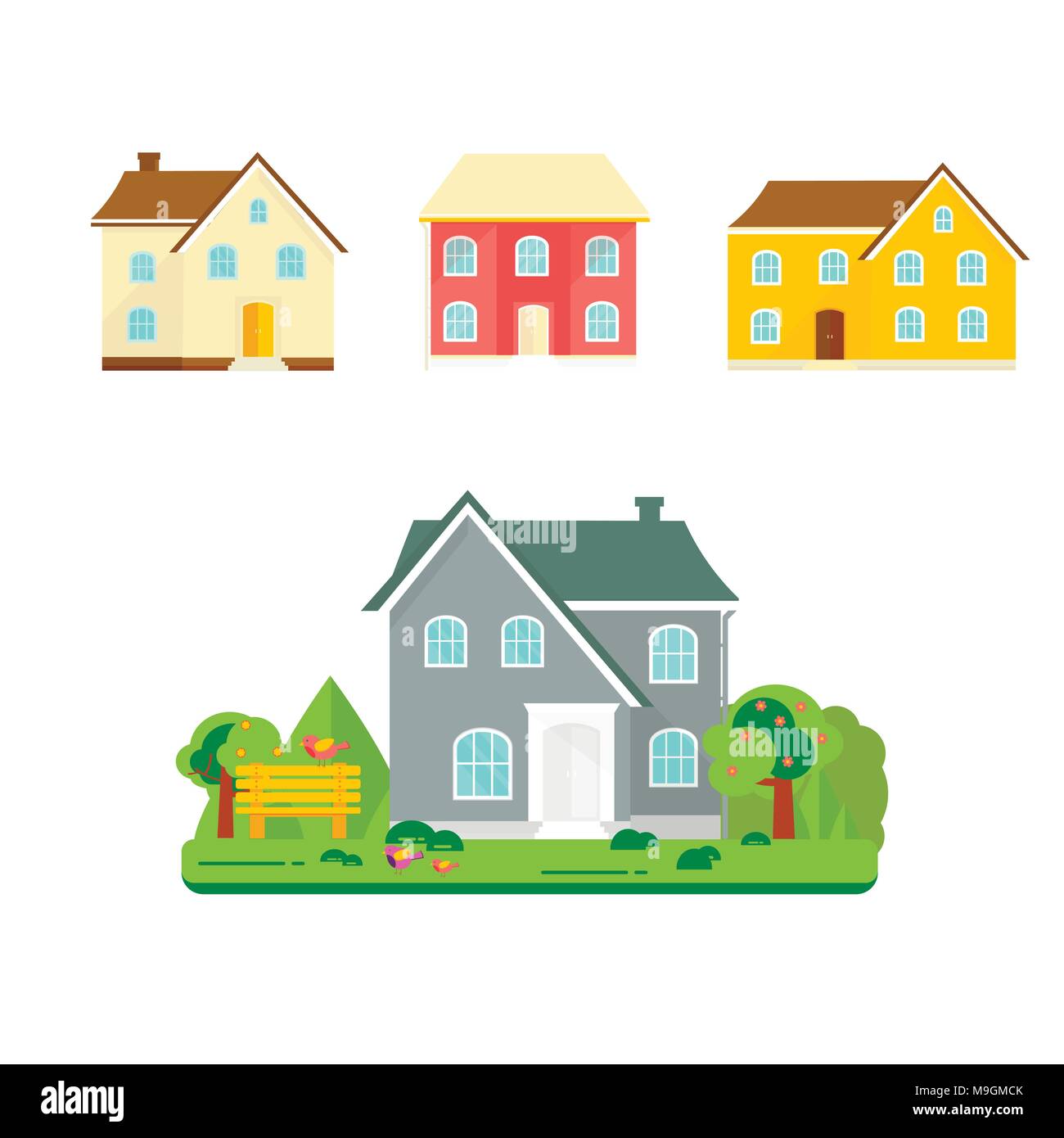Abstract spring background with cozy home, house, cottage, with trees ...