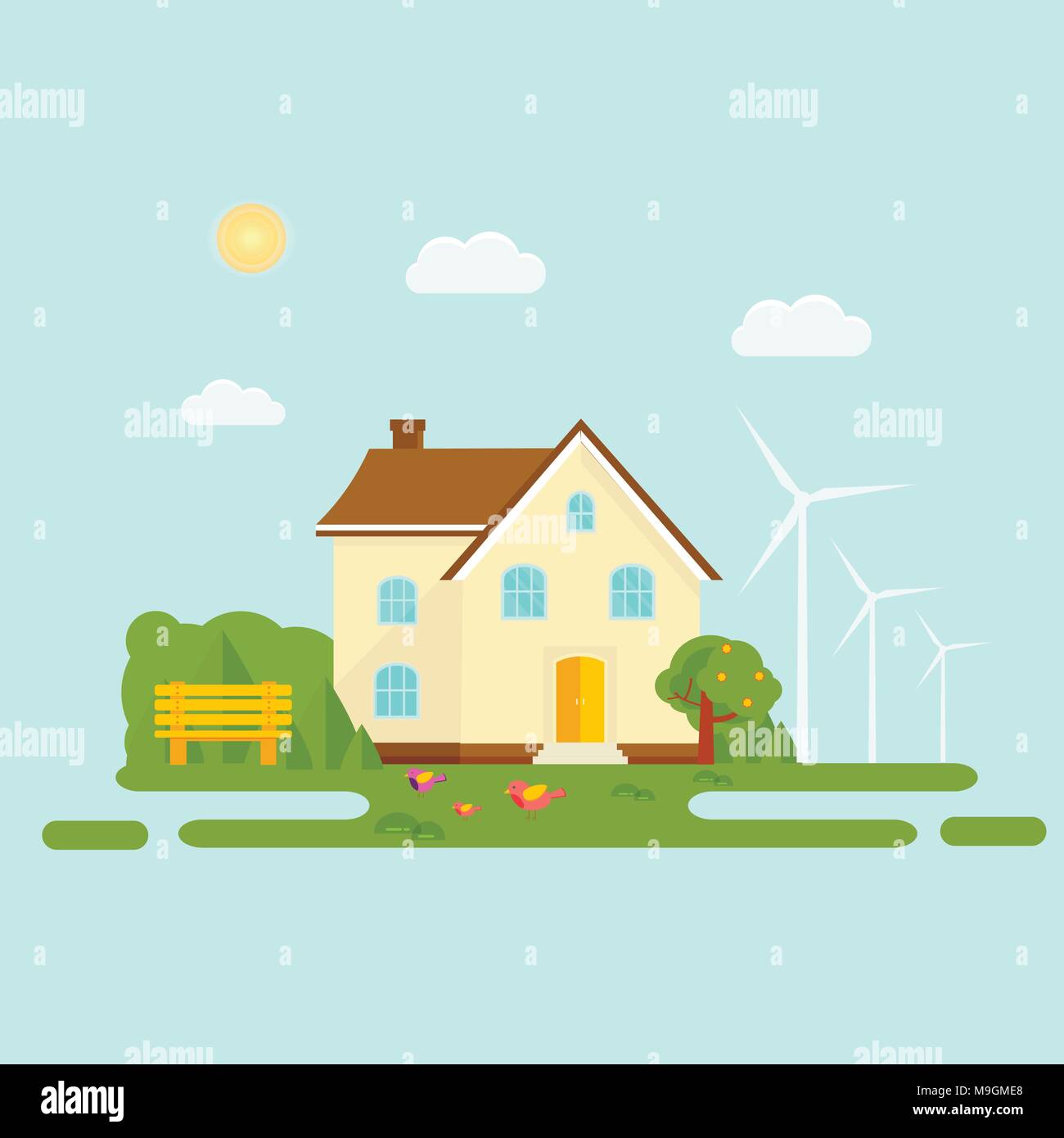 Abstract spring background with cozy home, house, cottage, trees ...
