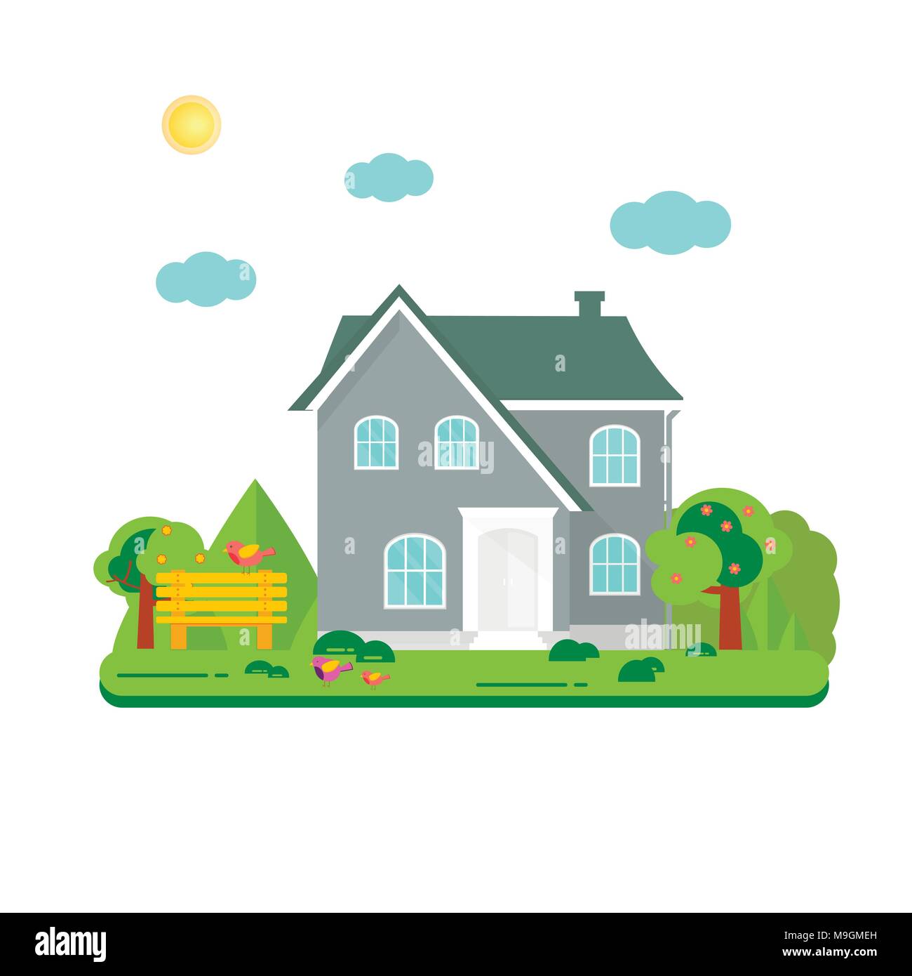 Abstract spring background with cozy home, house, cottage, trees ...