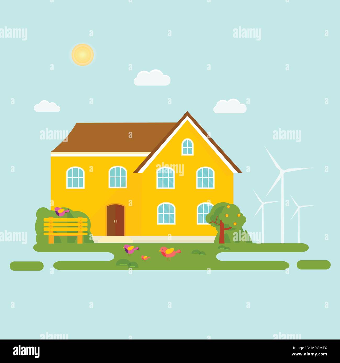 Abstract spring background with cozy home, house, cottage, trees ...