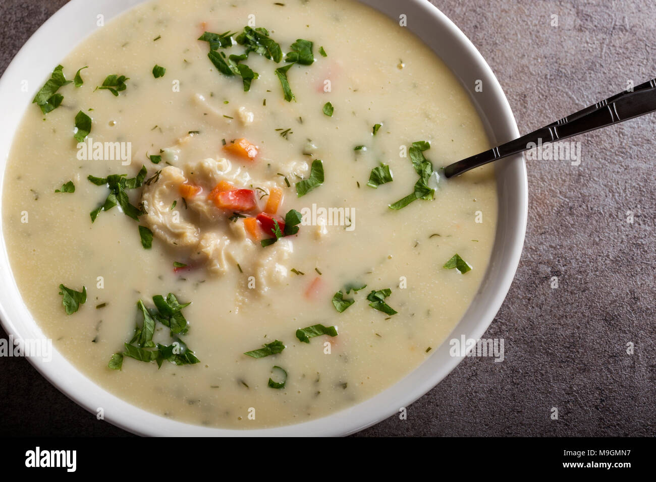 Romanian traditional soup - Ciorba de Burta in white bowl with spoon ...