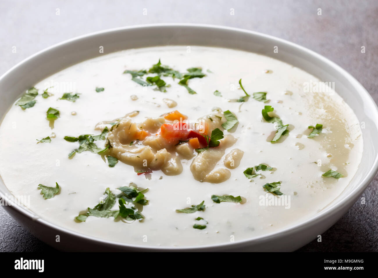 Romanian traditional soup - Ciorba de Burta in white bowl Stock Photo ...