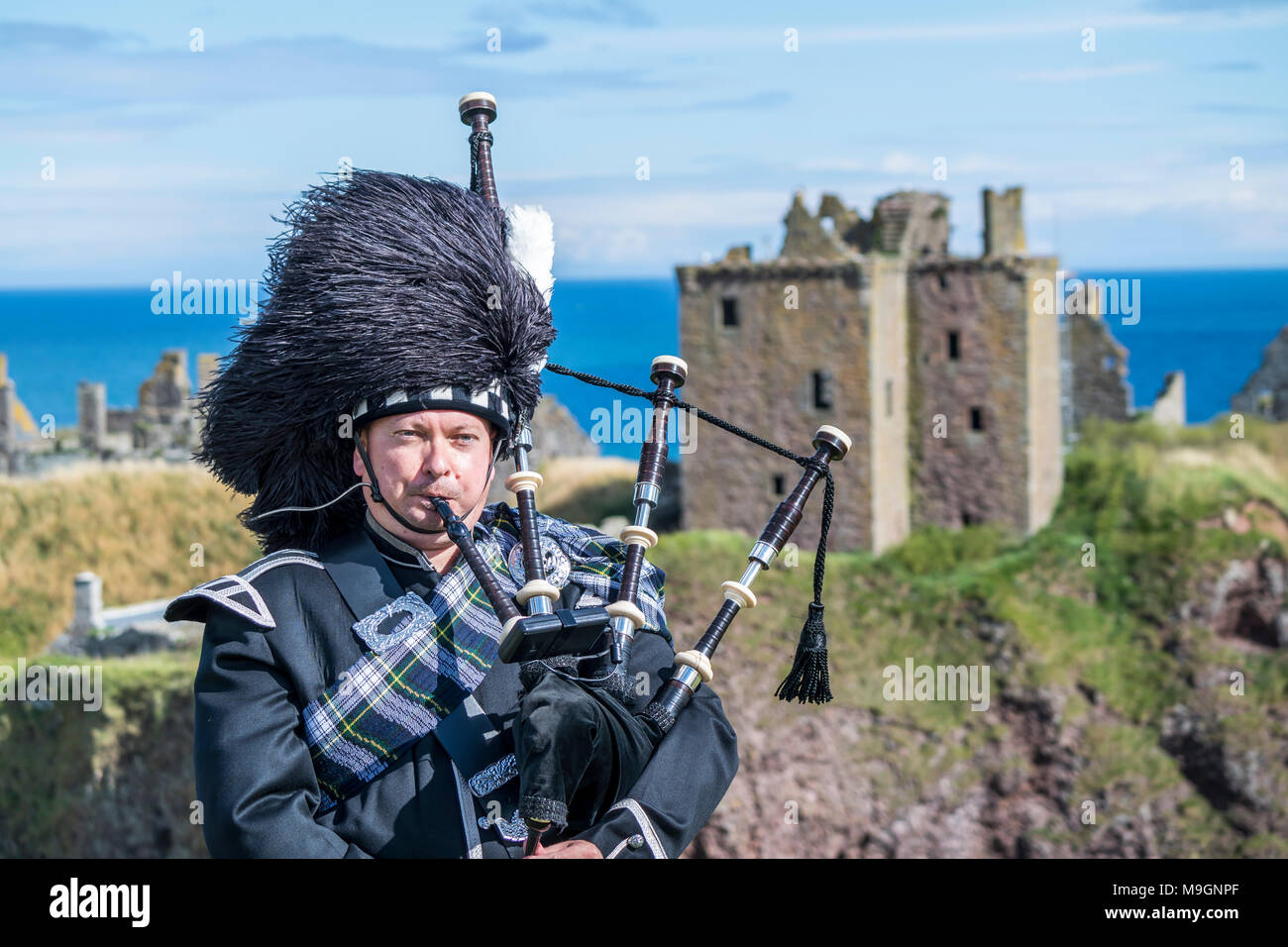 Traditional scottish bagpiper in full dress code at Dunnottar Castle in ...