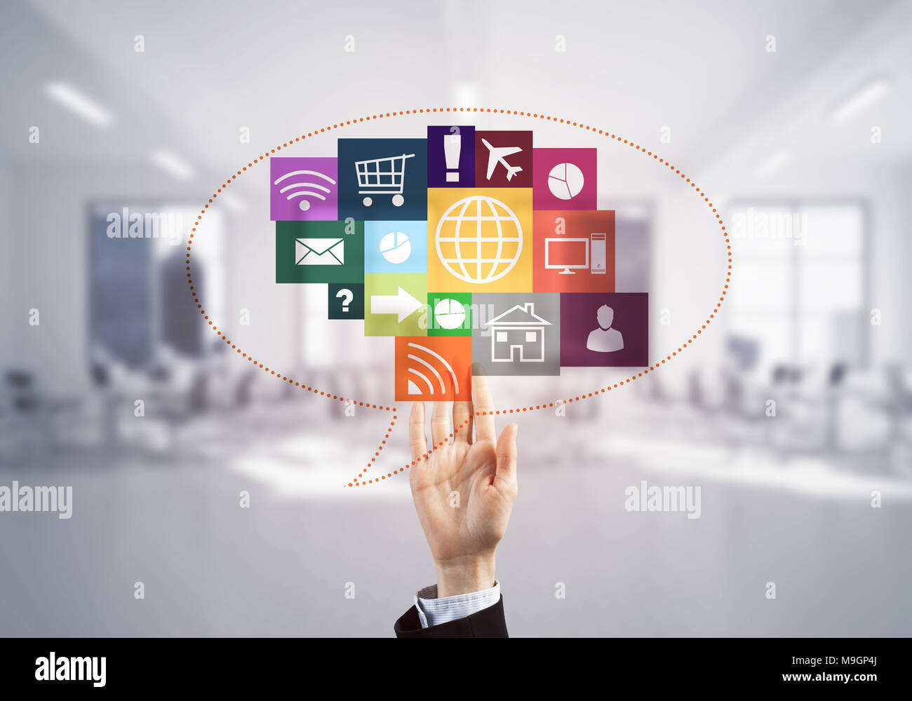 Hand of businesswoman touch colored media user panel on screen Stock ...