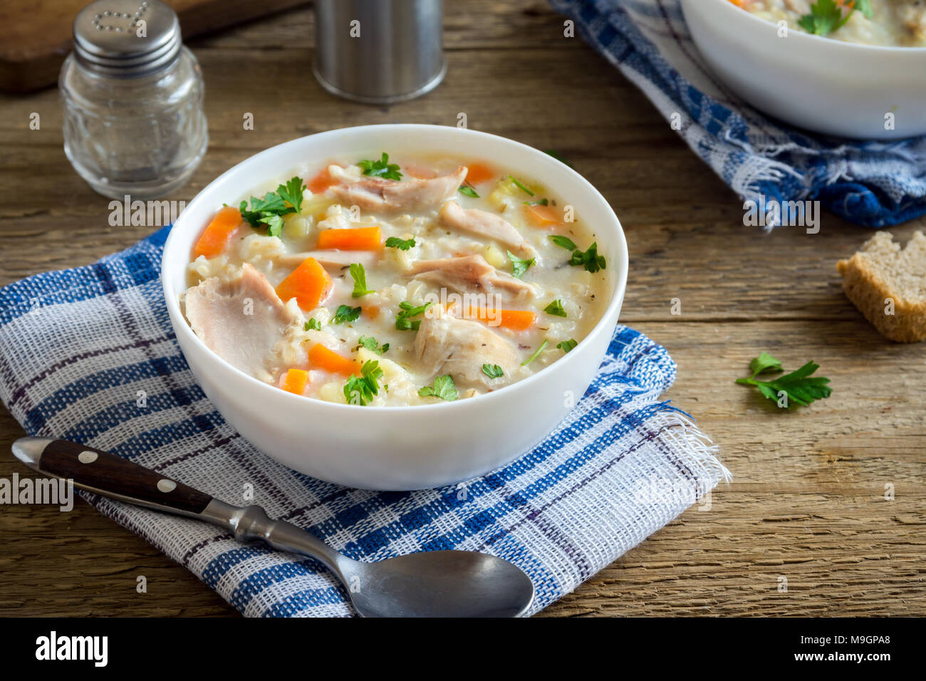 Chicken and Wild Rice Soup. Homemade fresh creamy soup with chicken ...