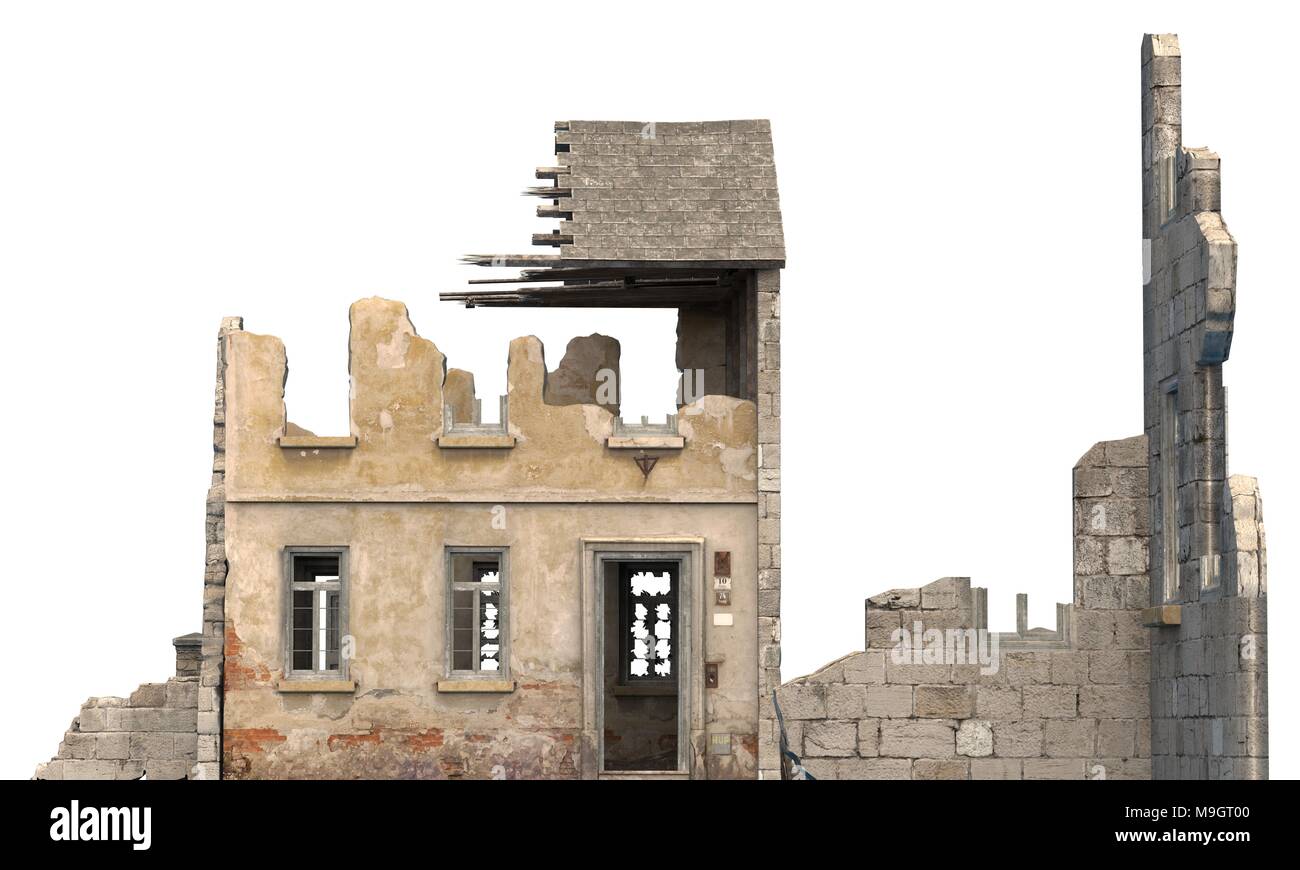 3D illustration ruined building isolated on white Stock Photo - Alamy
