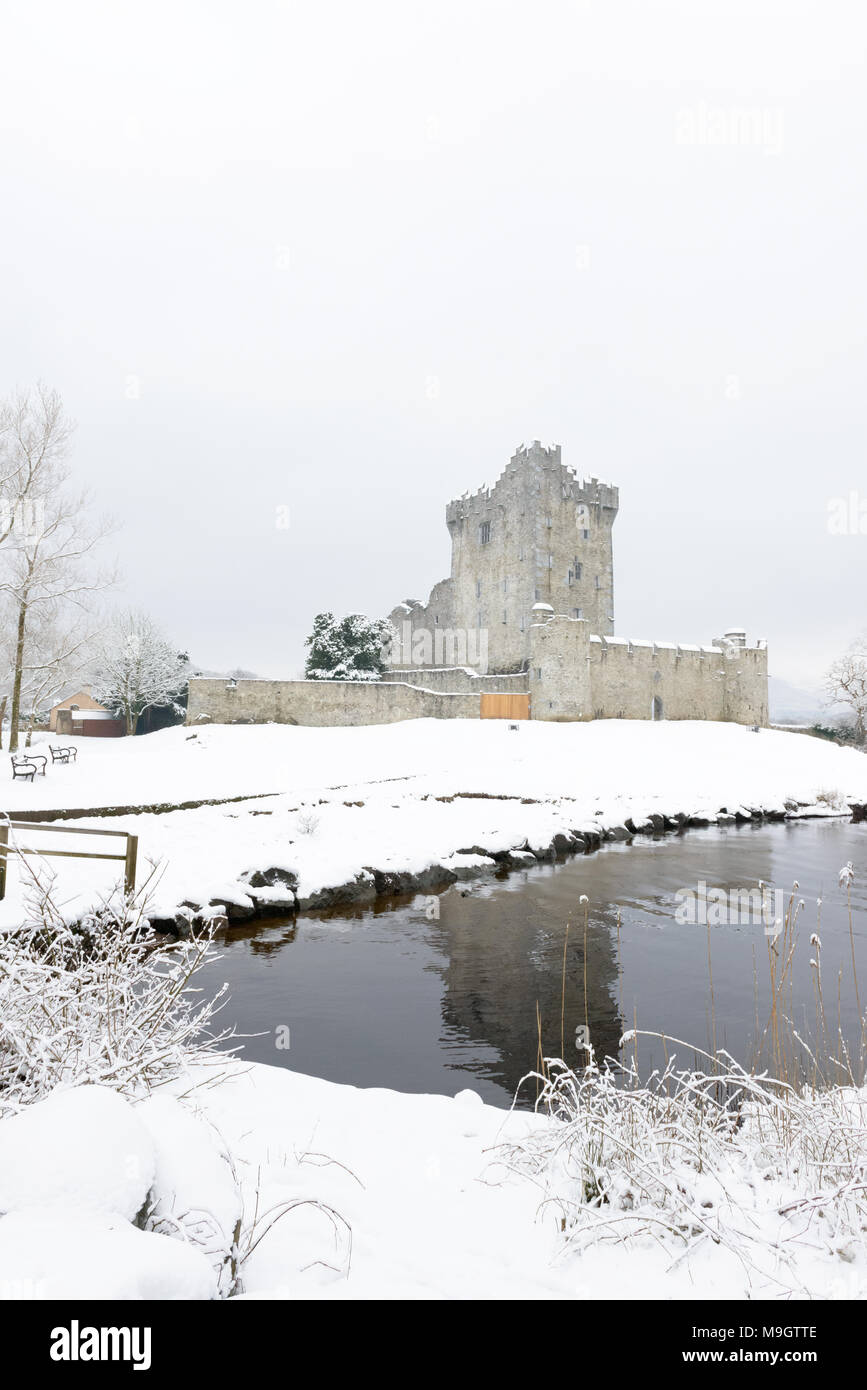 Ross Castle in snow, Killarney National Park, County Kerry, Ireland ...