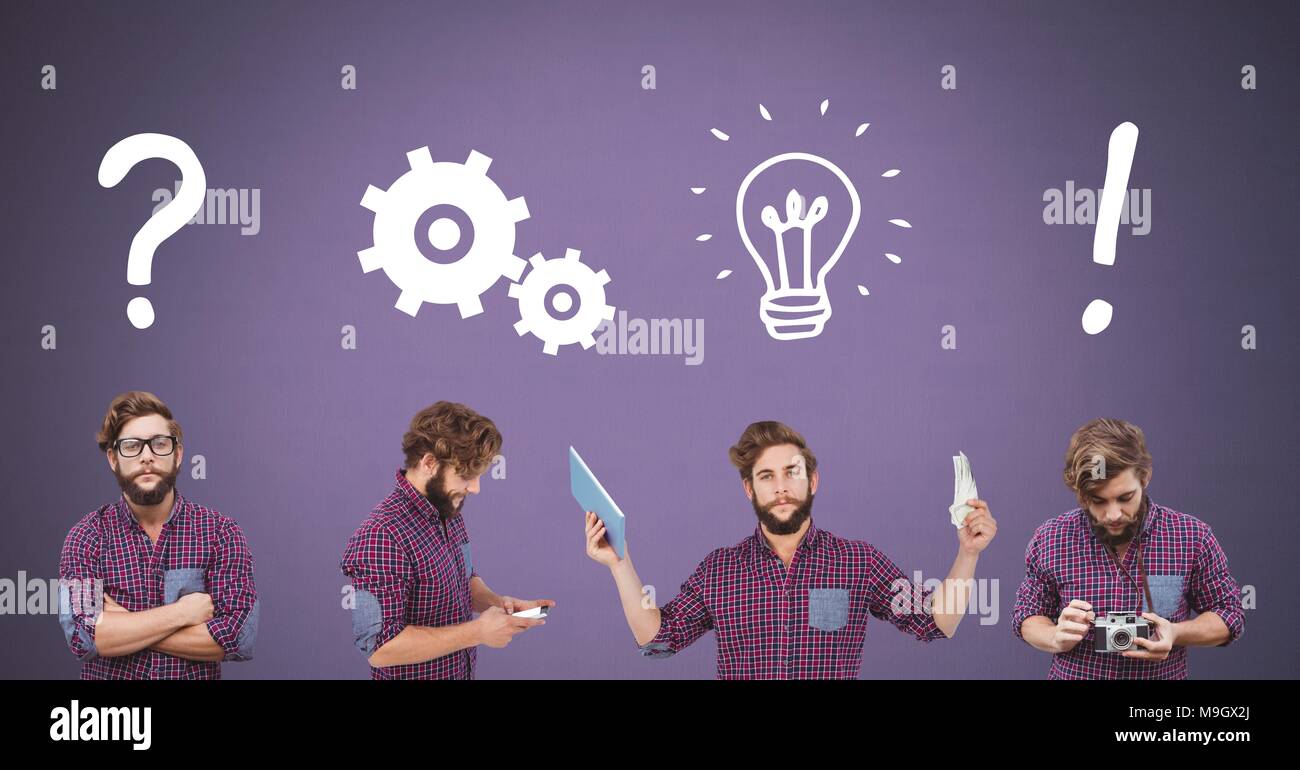 Man thinking in sequence with ideas and brainstorm process icons Stock ...