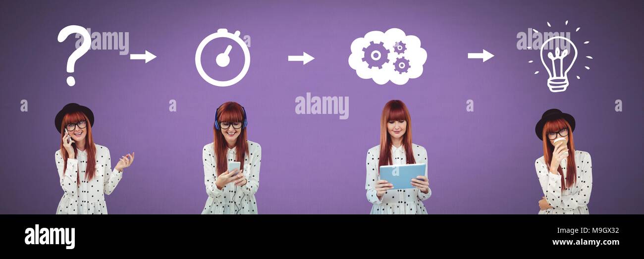 Woman thinking in sequence with ideas and brainstorm process icons ...