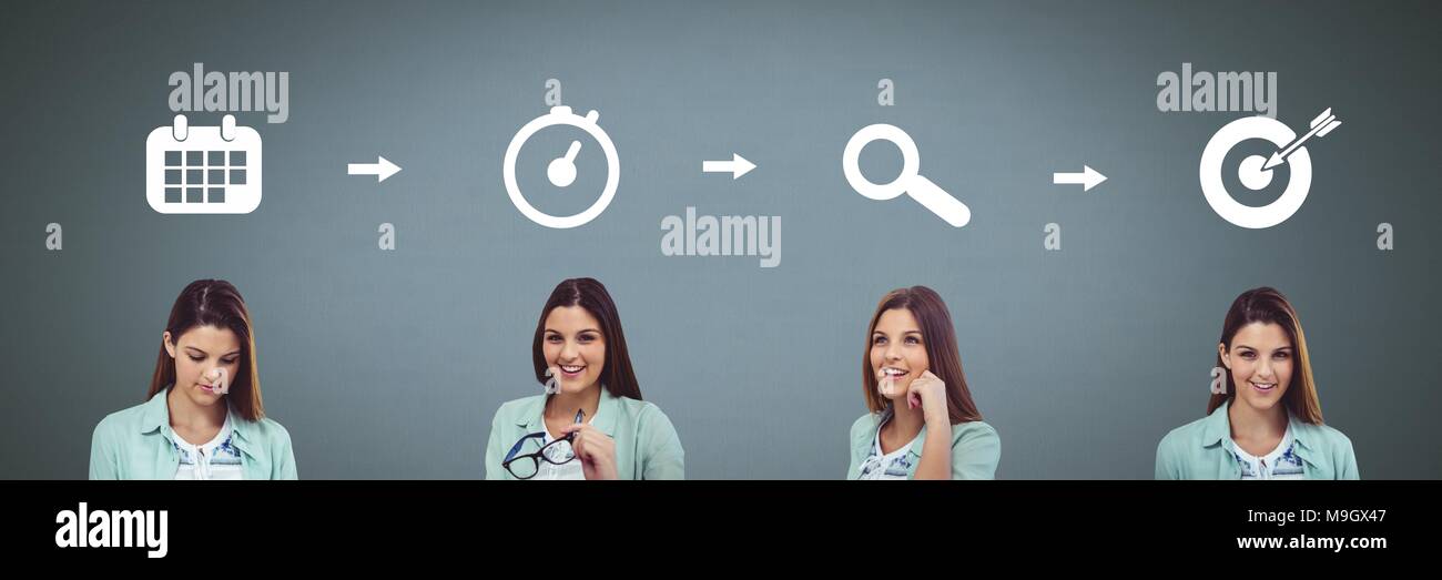 Woman thinking in sequence with ideas and brainstorm process icons ...