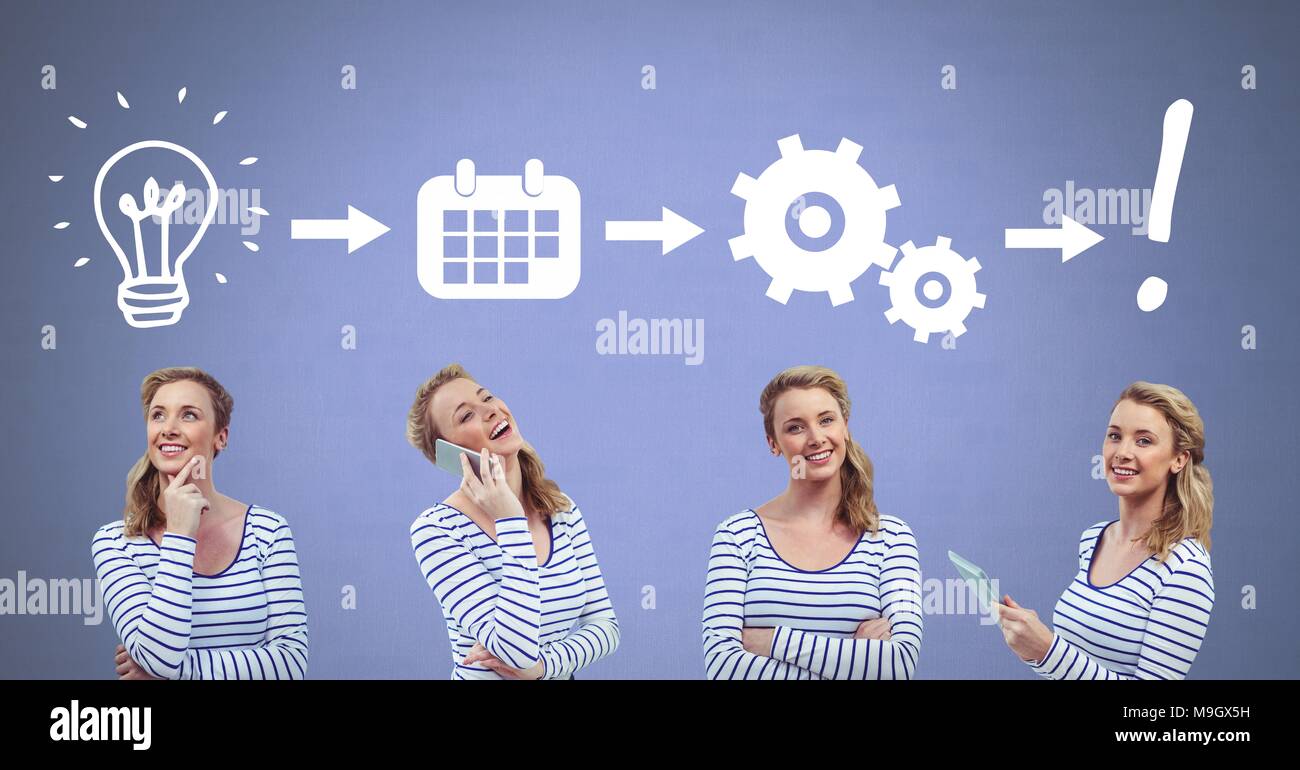 Woman thinking in sequence with ideas and brainstorm process icons ...