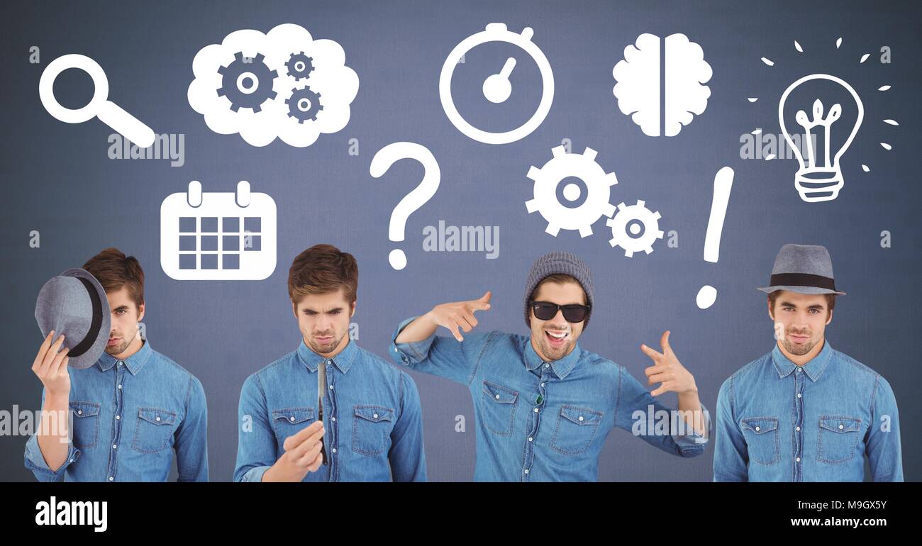 Man thinking in sequence with ideas and brainstorm process icons Stock ...