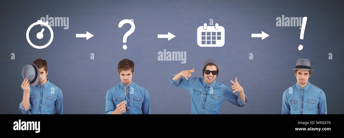 Man thinking in sequence with ideas and brainstorm process icons Stock ...