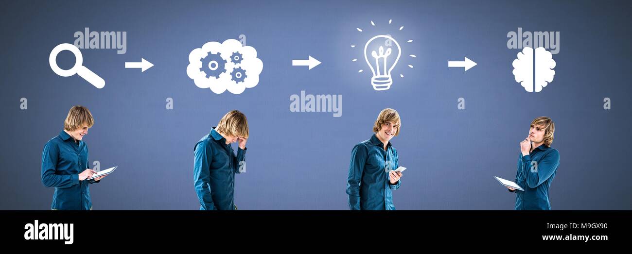 Man thinking in sequence with ideas and brainstorm process icons Stock ...