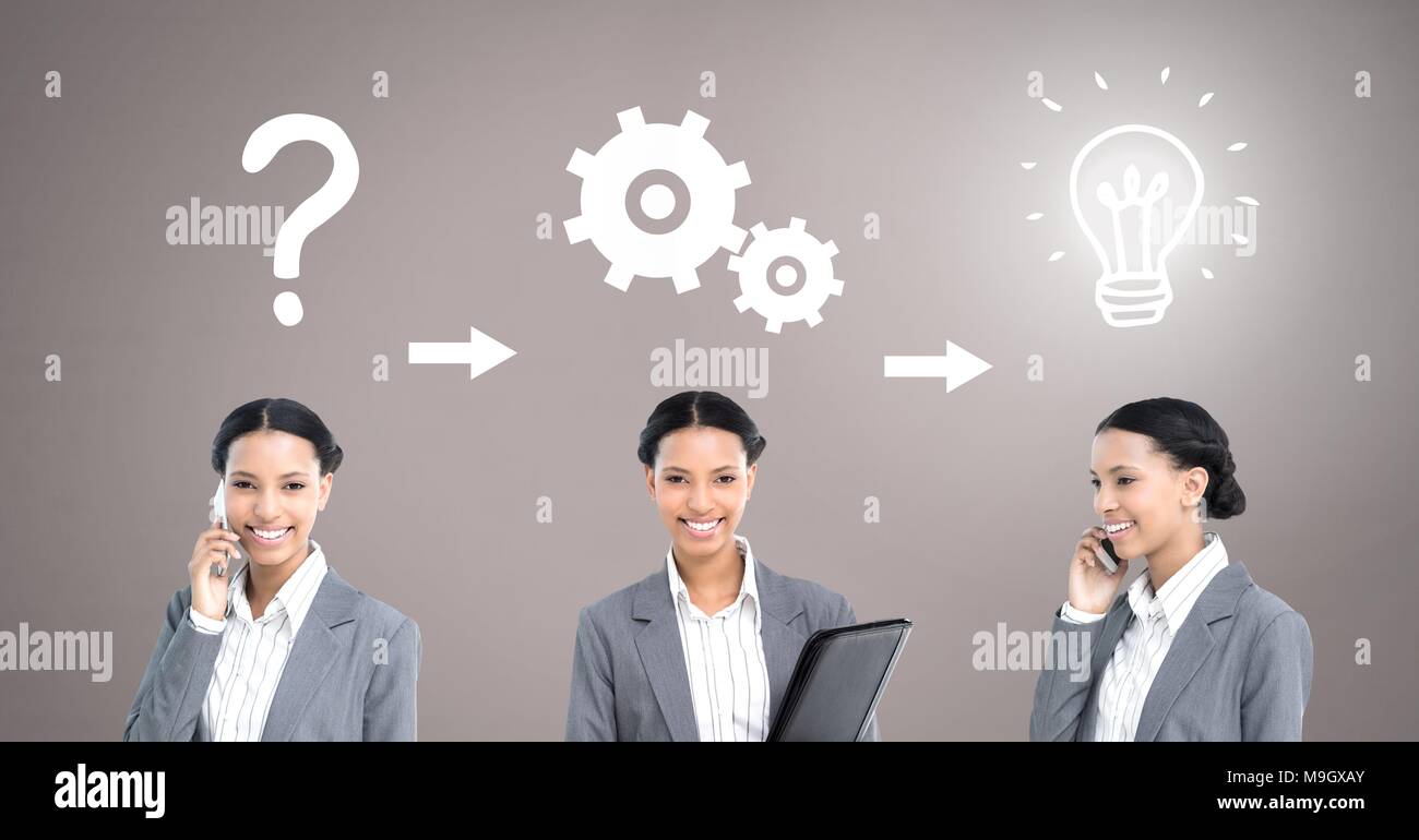 Businesswoman thinking in sequence with ideas and brainstorm process ...