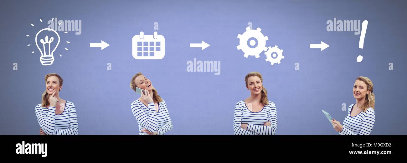 Woman thinking in sequence with ideas and brainstorm process icons ...