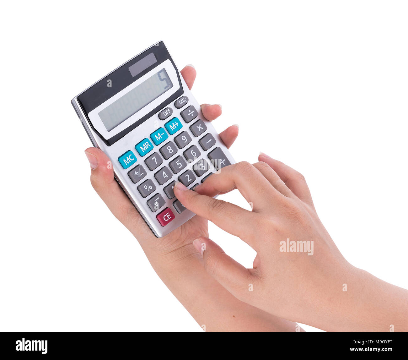 hands with calculator isolated on white background Stock Photo - Alamy
