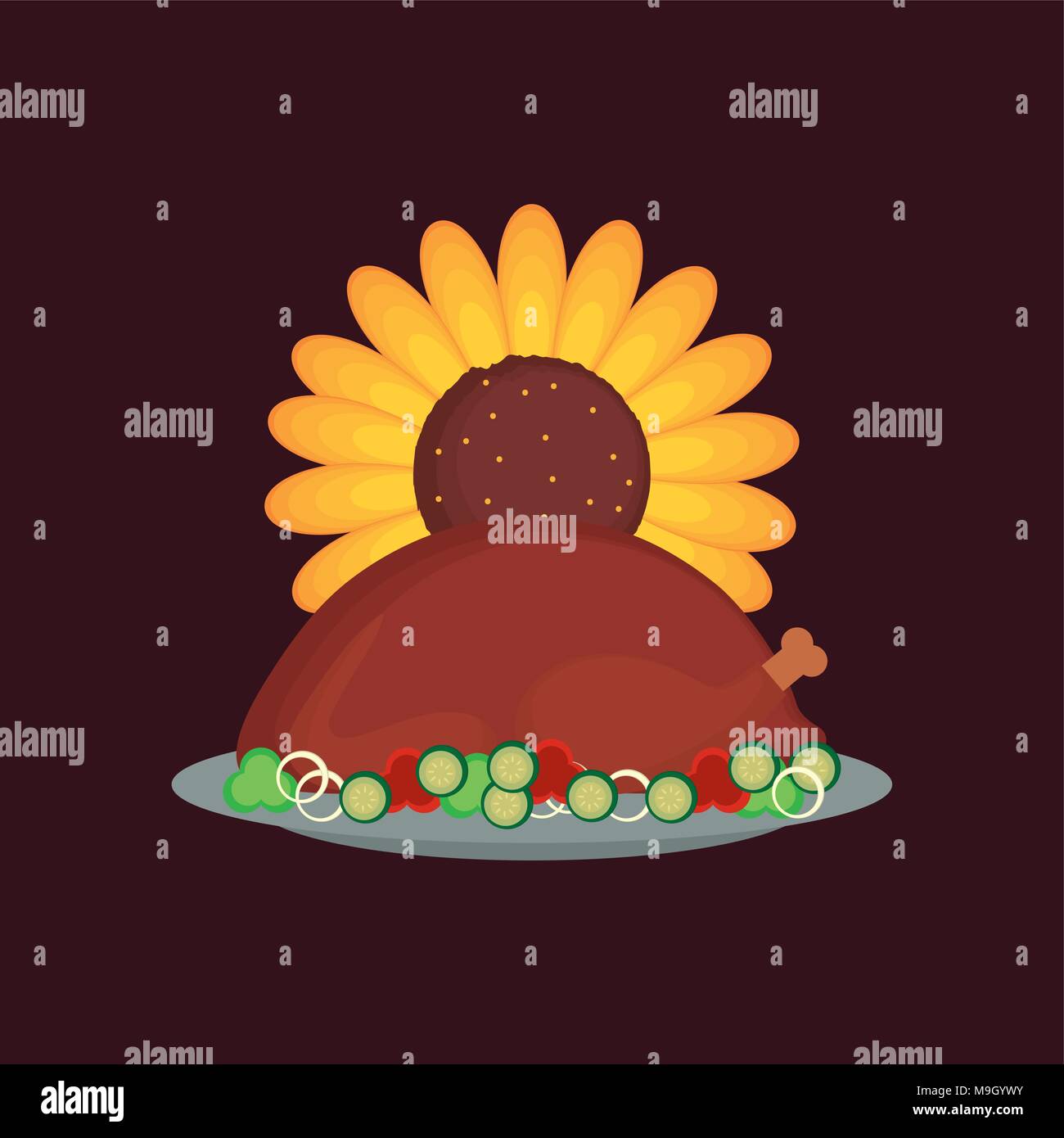 Thanksgiving design with roasted turkey over sunflower and brown ...