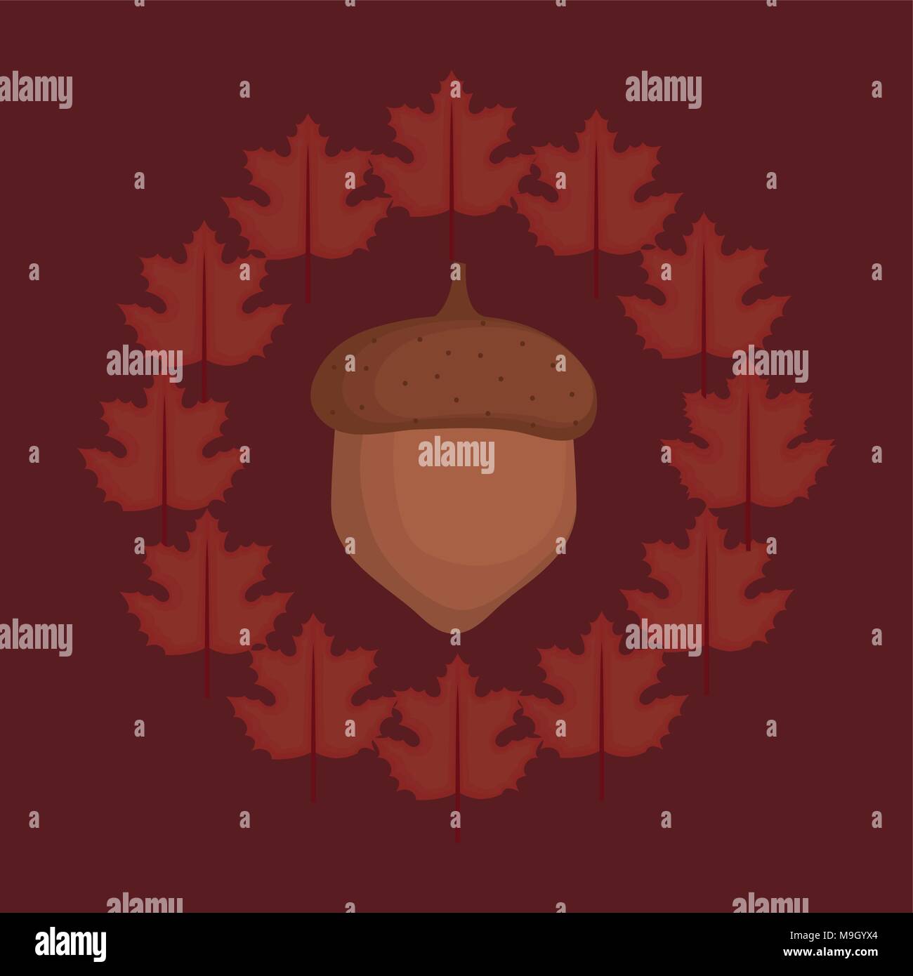 Thanksgiving design with decorative wreath of autumn leaves and acorn ...