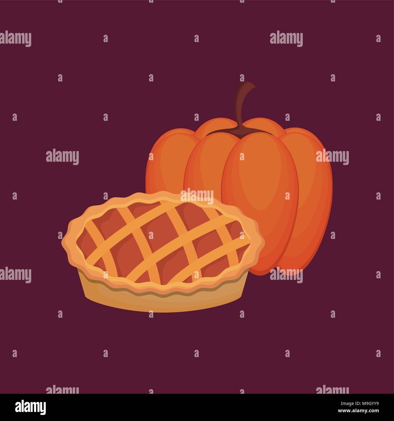 Thanksgiving design with pumpkin and pie over brown background ...