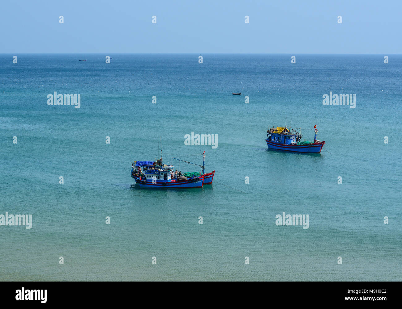 Danang, Vietnam - Mar 21, 2016. Fishing boats on the sea at summer day ...